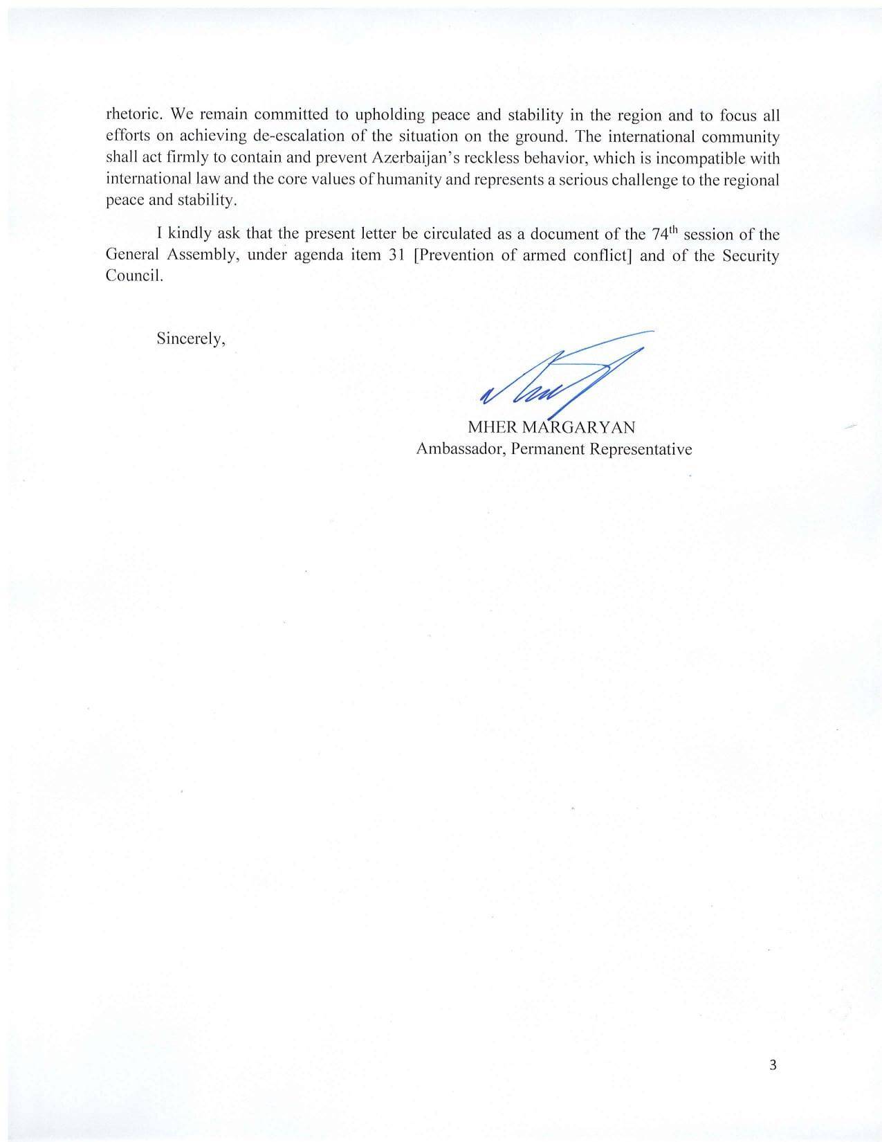 Letter from the Permanent Representative of Armenia to the UN addressed ...